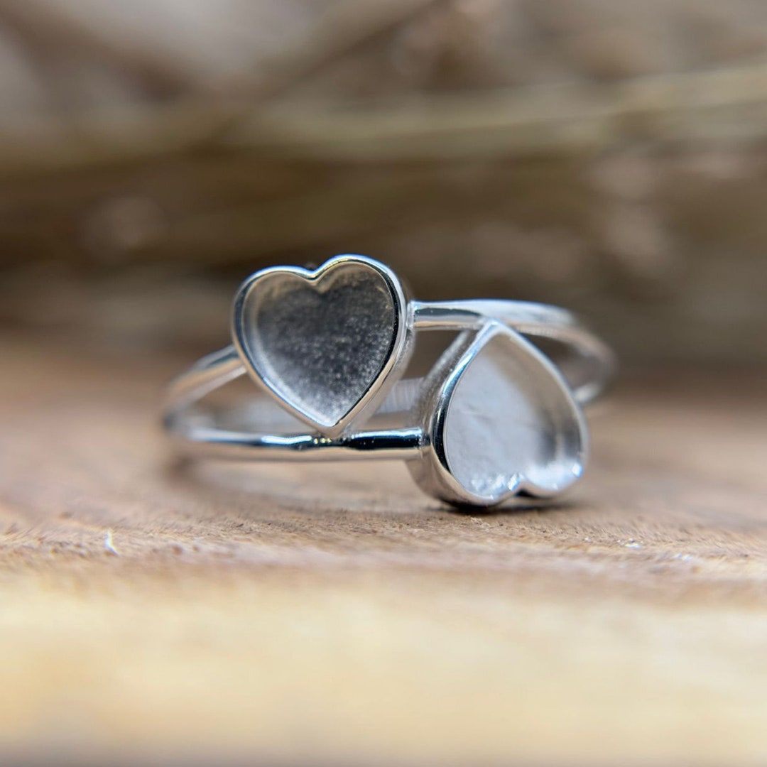 Solid Gold Double Heart Breastmilk Ring Setting, Bezel Ring Settings ...