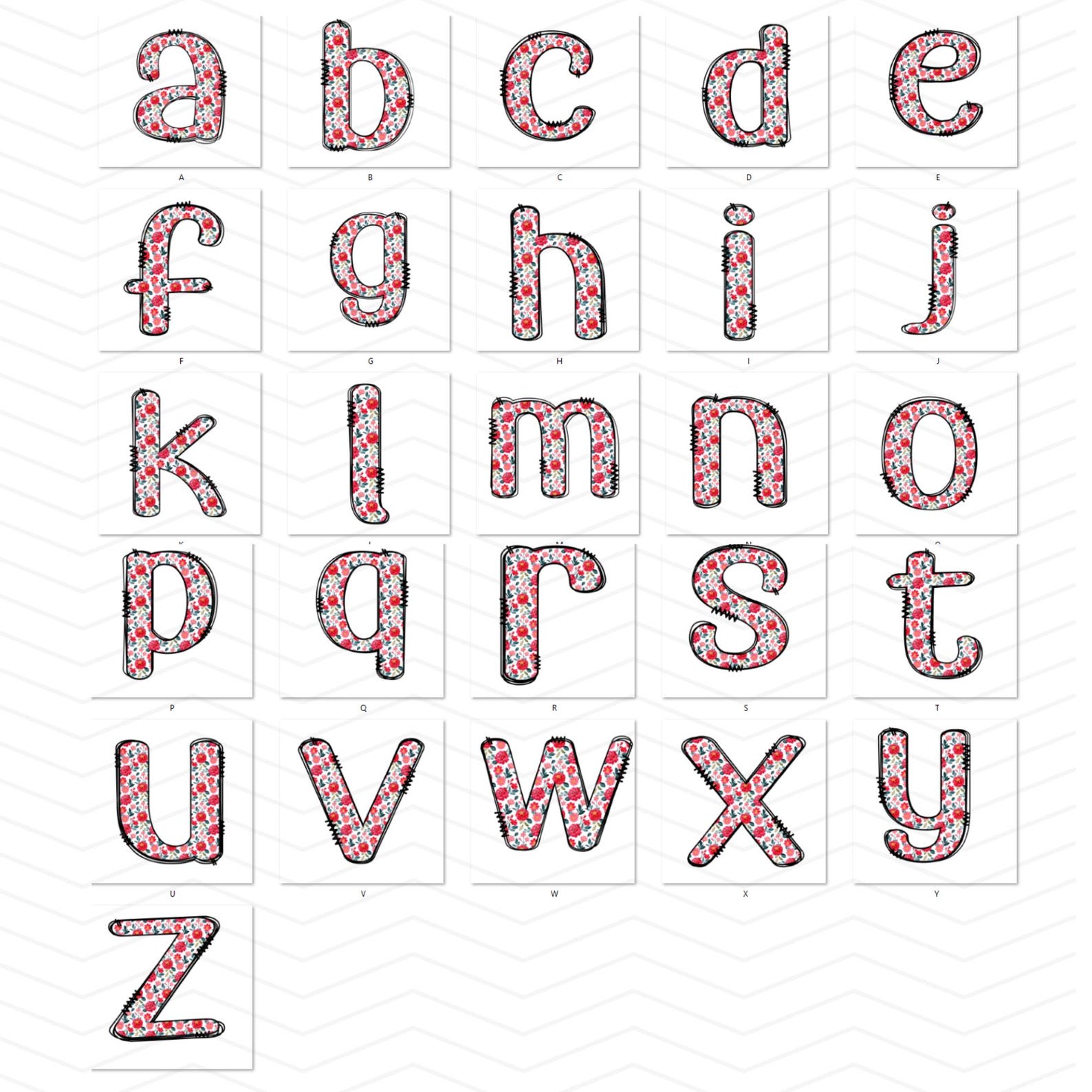 Pink and Red Floral Doodle Letters/ Hand Drawn Doodle Letters/ Alpha ...