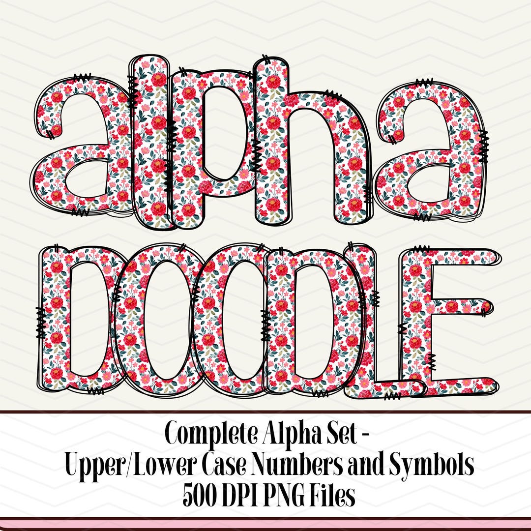 Pink and Red Floral Doodle Letters/ Hand Drawn Doodle Letters/ Alpha ...