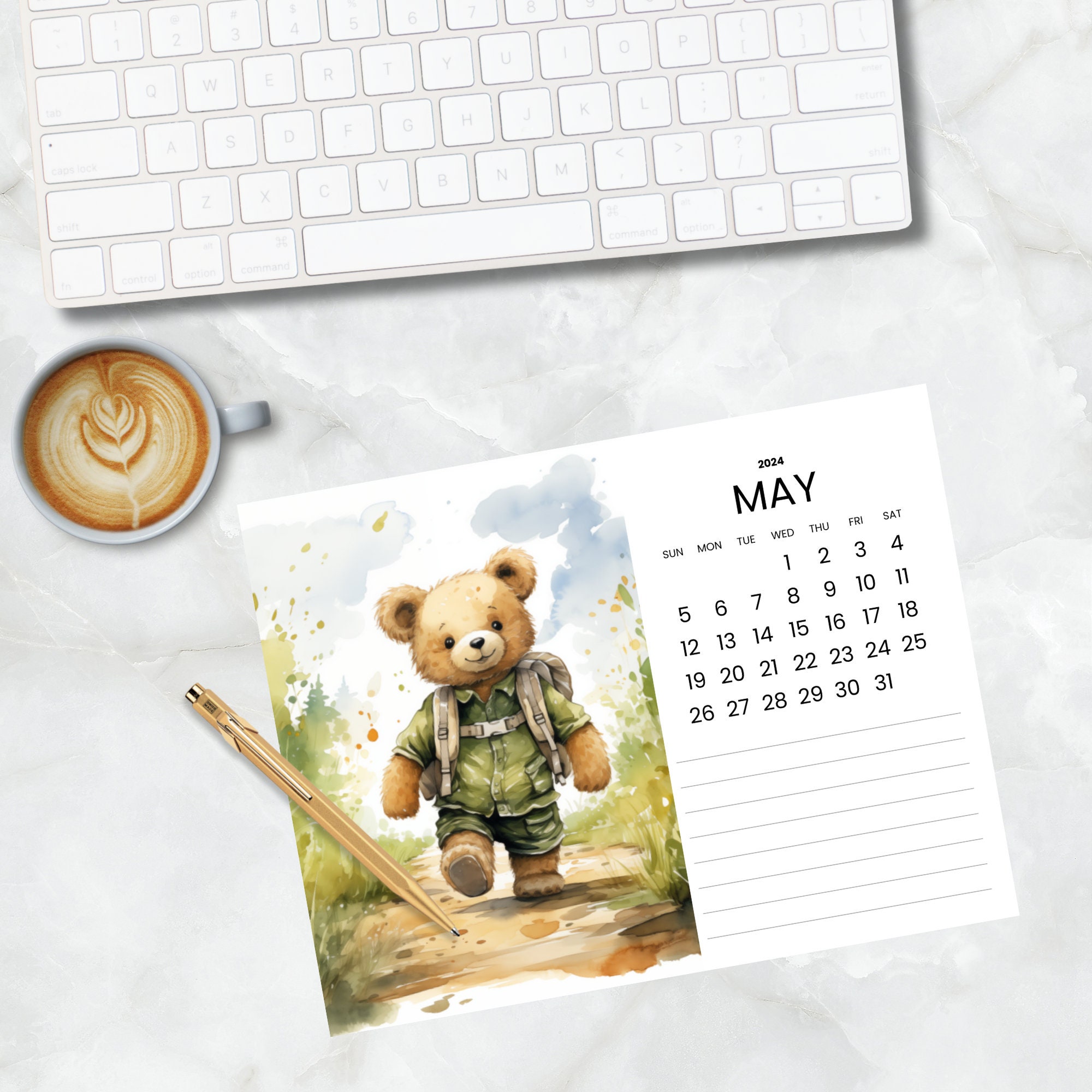2024 A Year of Watercolor Teddy Bears Calendar Printable Calendar ...