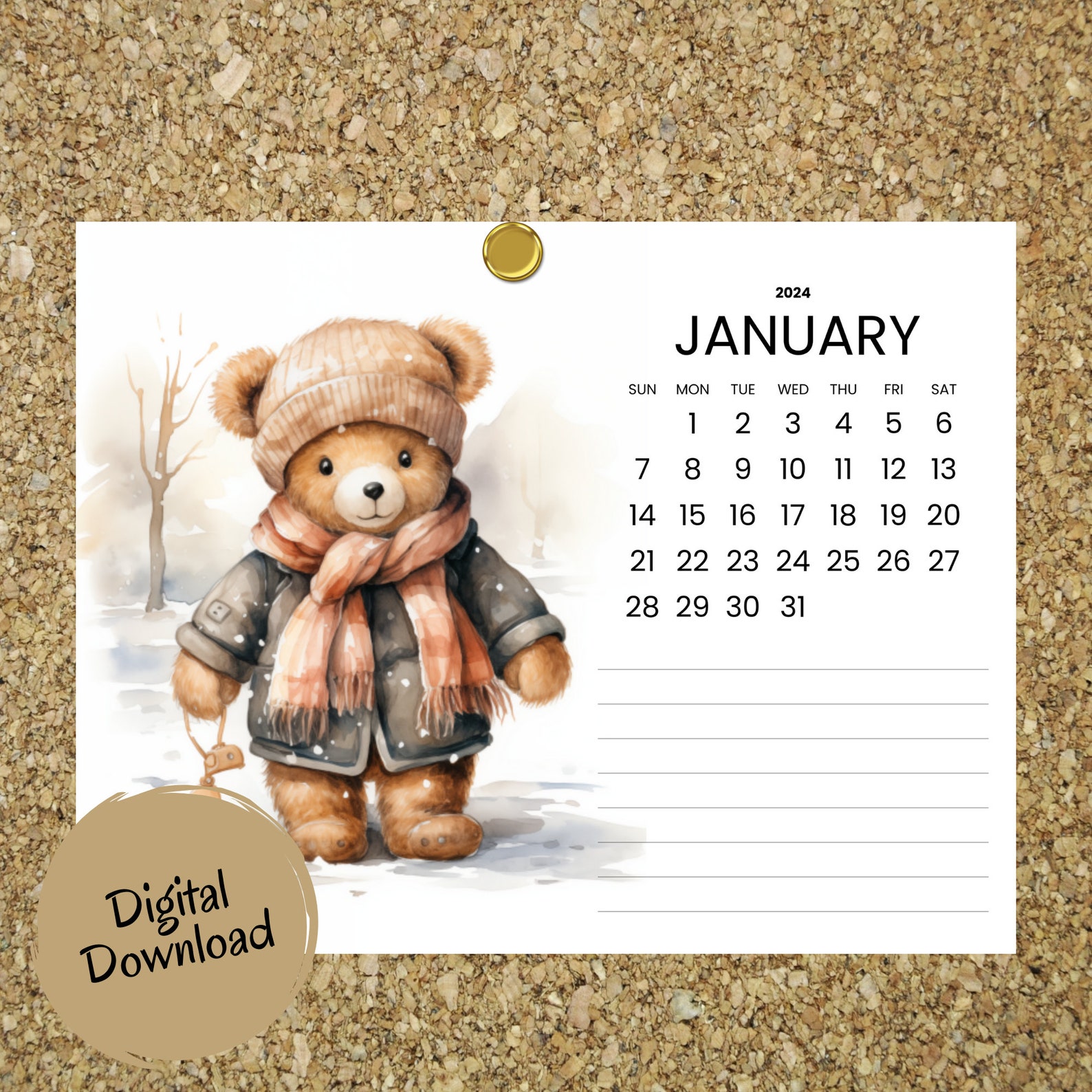 2024 A Year of Watercolor Teddy Bears Calendar Printable Calendar ...