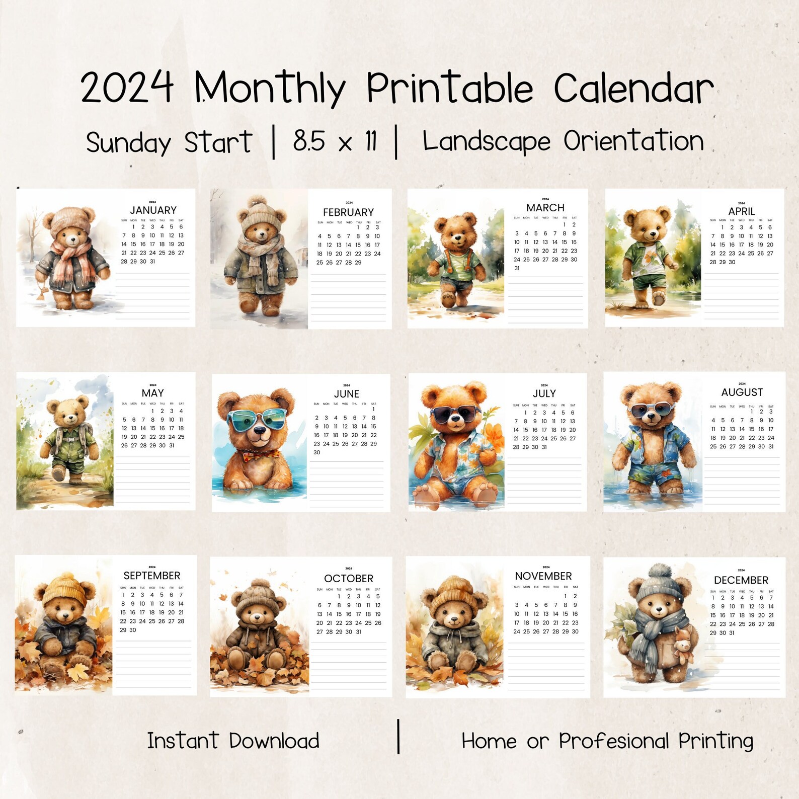 2024 A Year of Watercolor Teddy Bears Calendar Printable Calendar ...