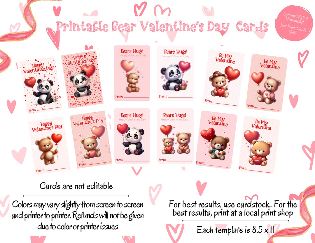 Printable Bear Valentine's Day Card, Classroom Card for Kids, Kids ...