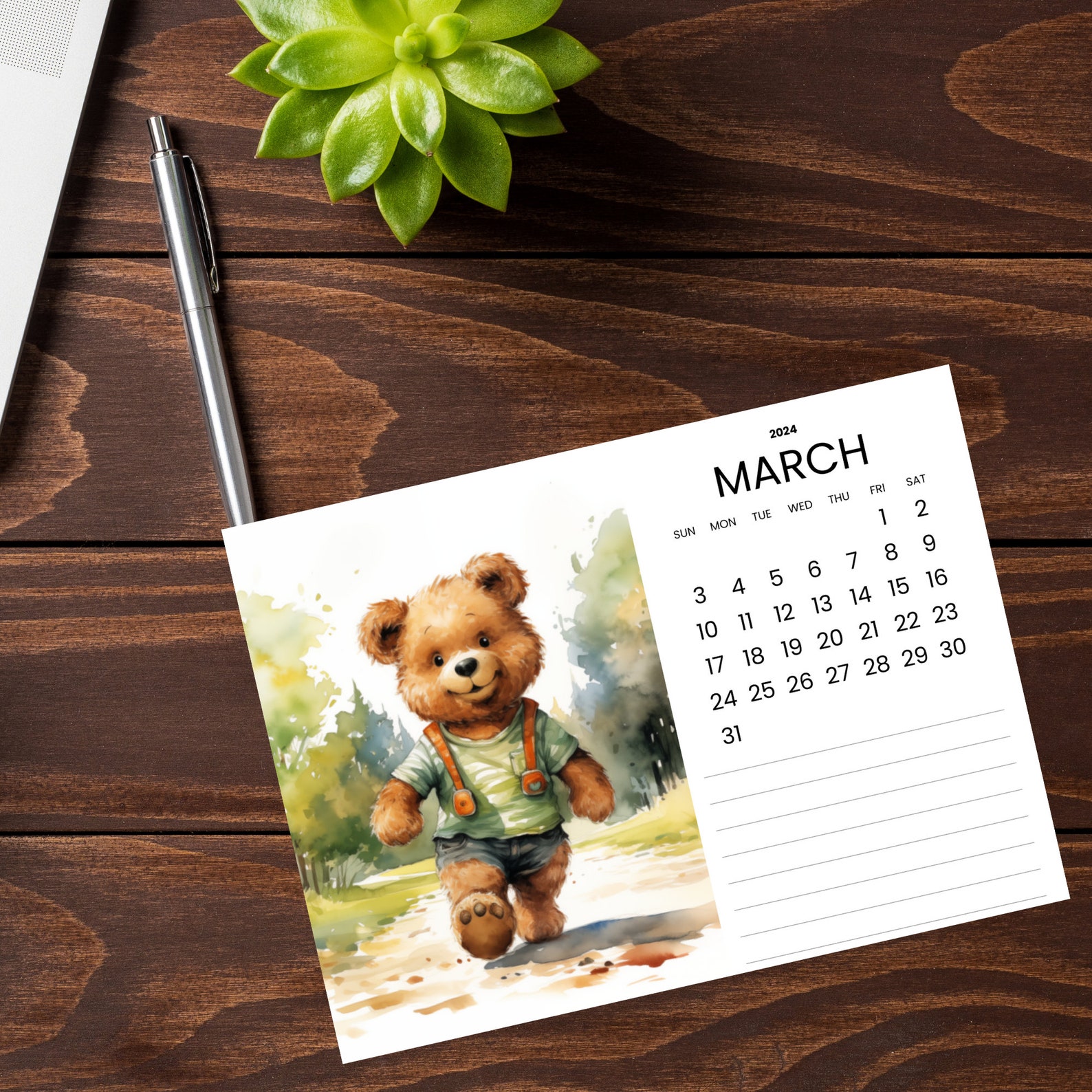 2024 A Year of Watercolor Teddy Bears Calendar Printable Calendar ...