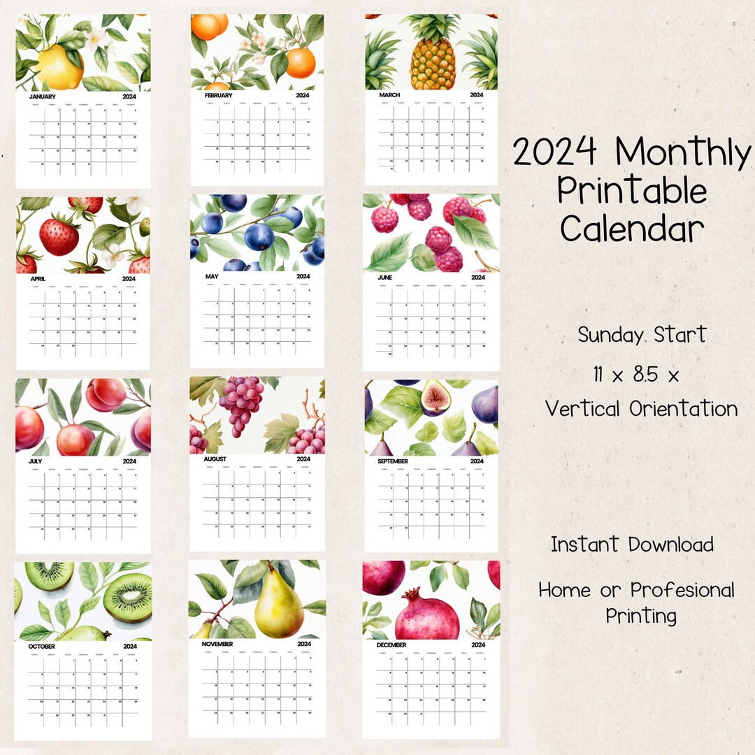 2024 Watercolor Fruit Calendar Printable Calendar Sunday - Etsy