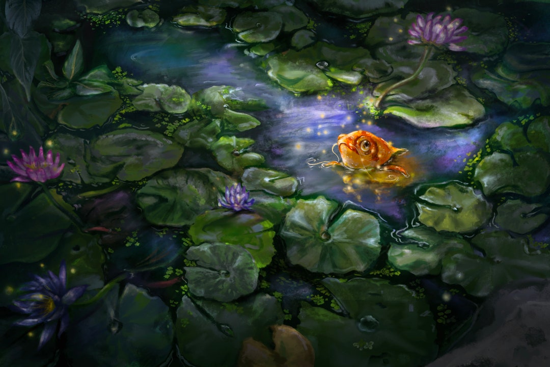 Illustration Art Print Magical Pond Fish and Lilypads Hand-drawn Art ...