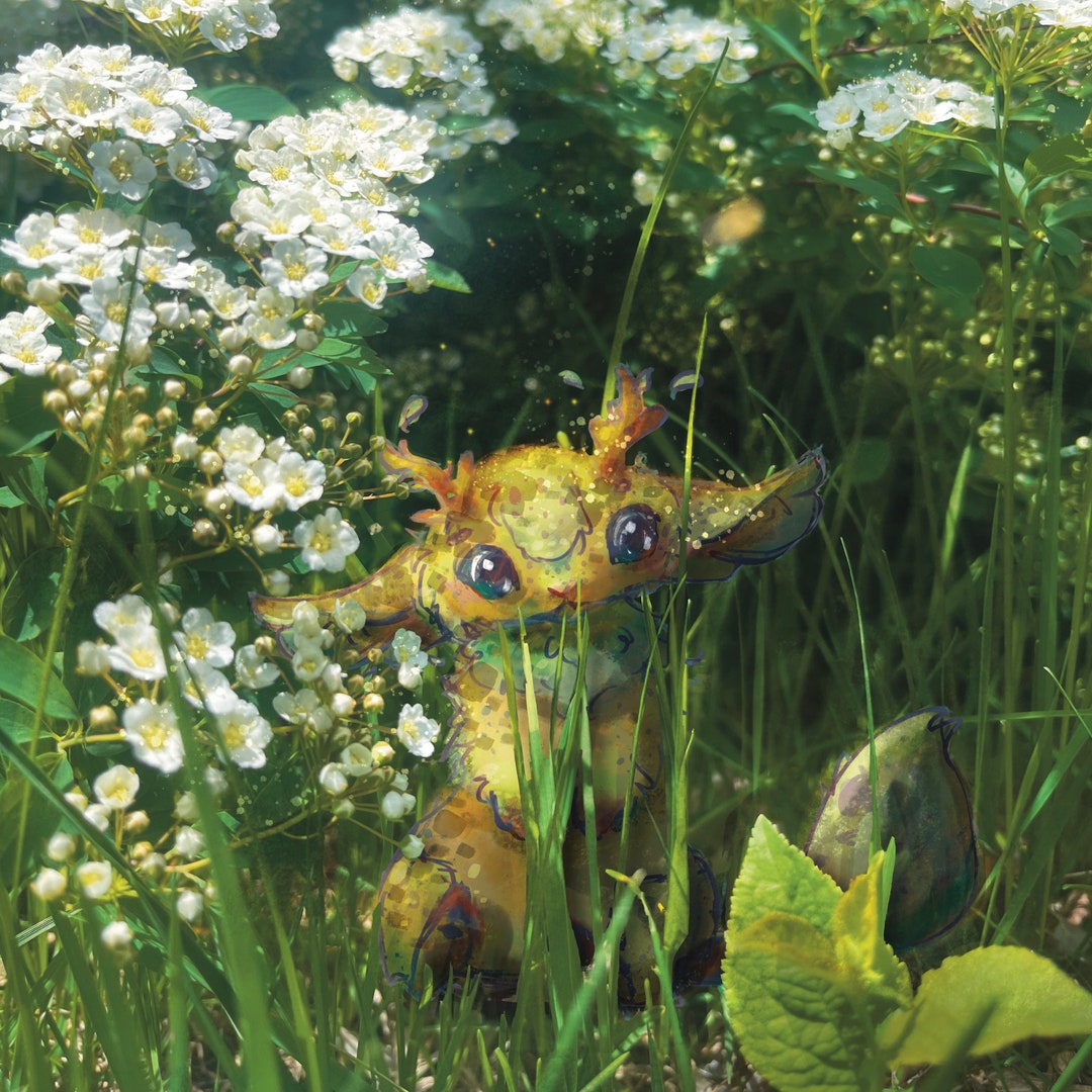 Little Creature Art Print: Whimsical Animal in White Flowers - Etsy