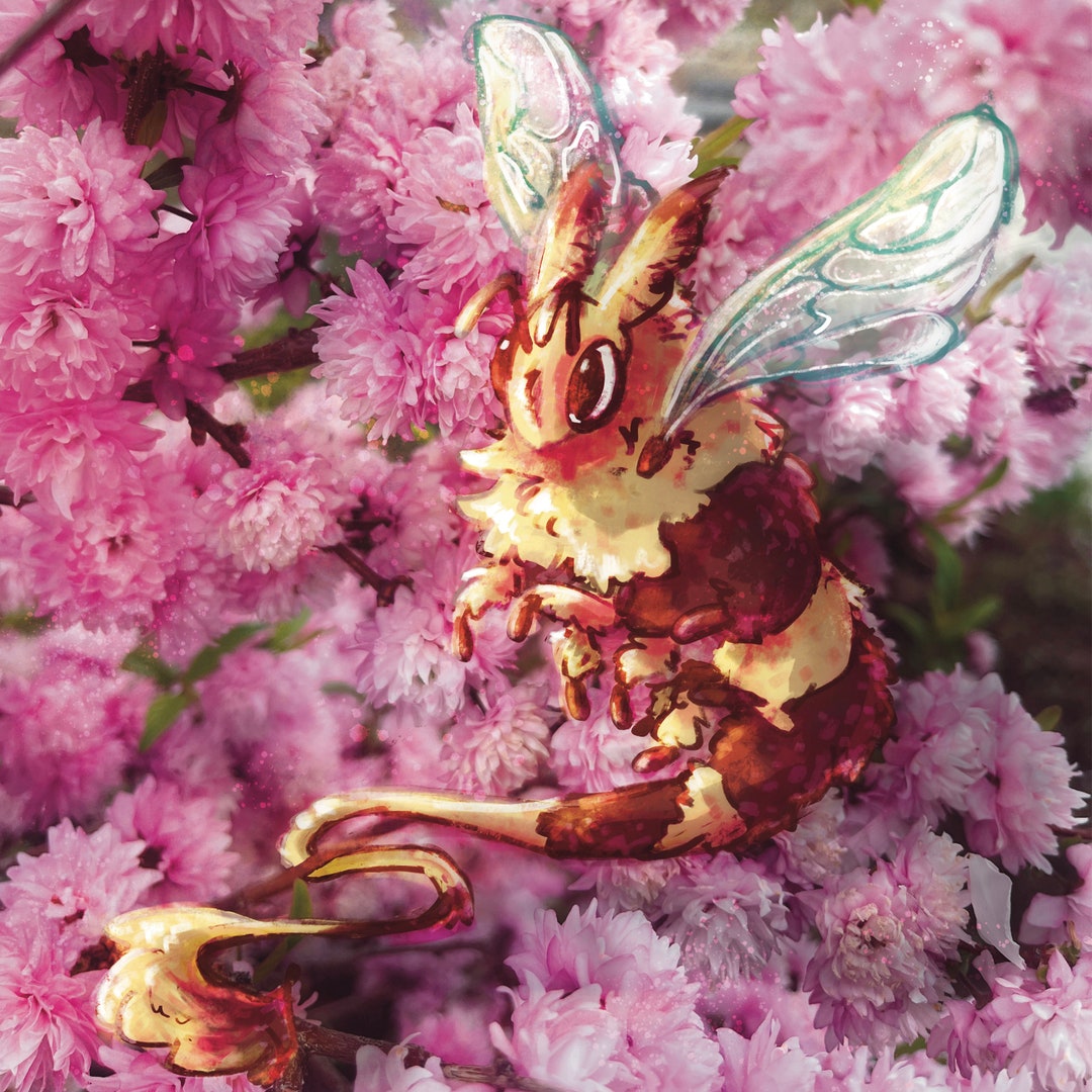 Fantasy Creature Illustration Animal in Nature Pink Flowers Art Hand ...