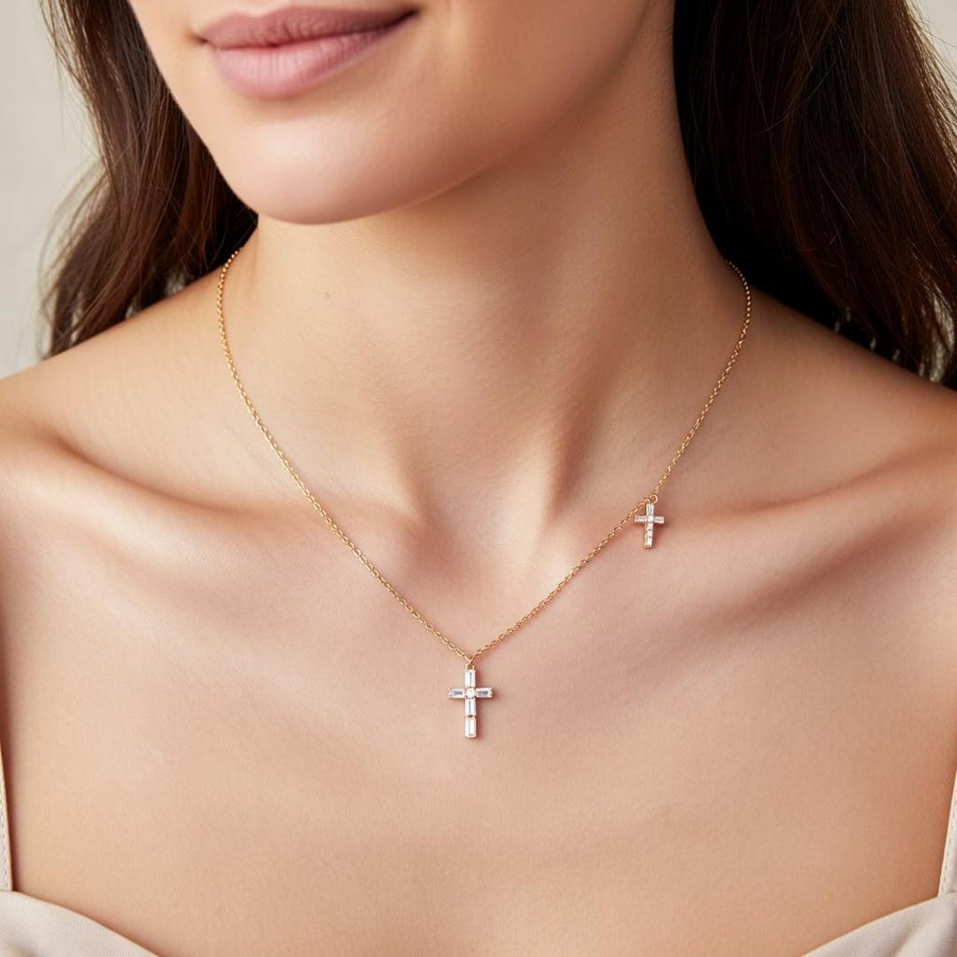 14K Gold Dual Cross Necklace, Baguette & Round Diamond Pendant - Etsy