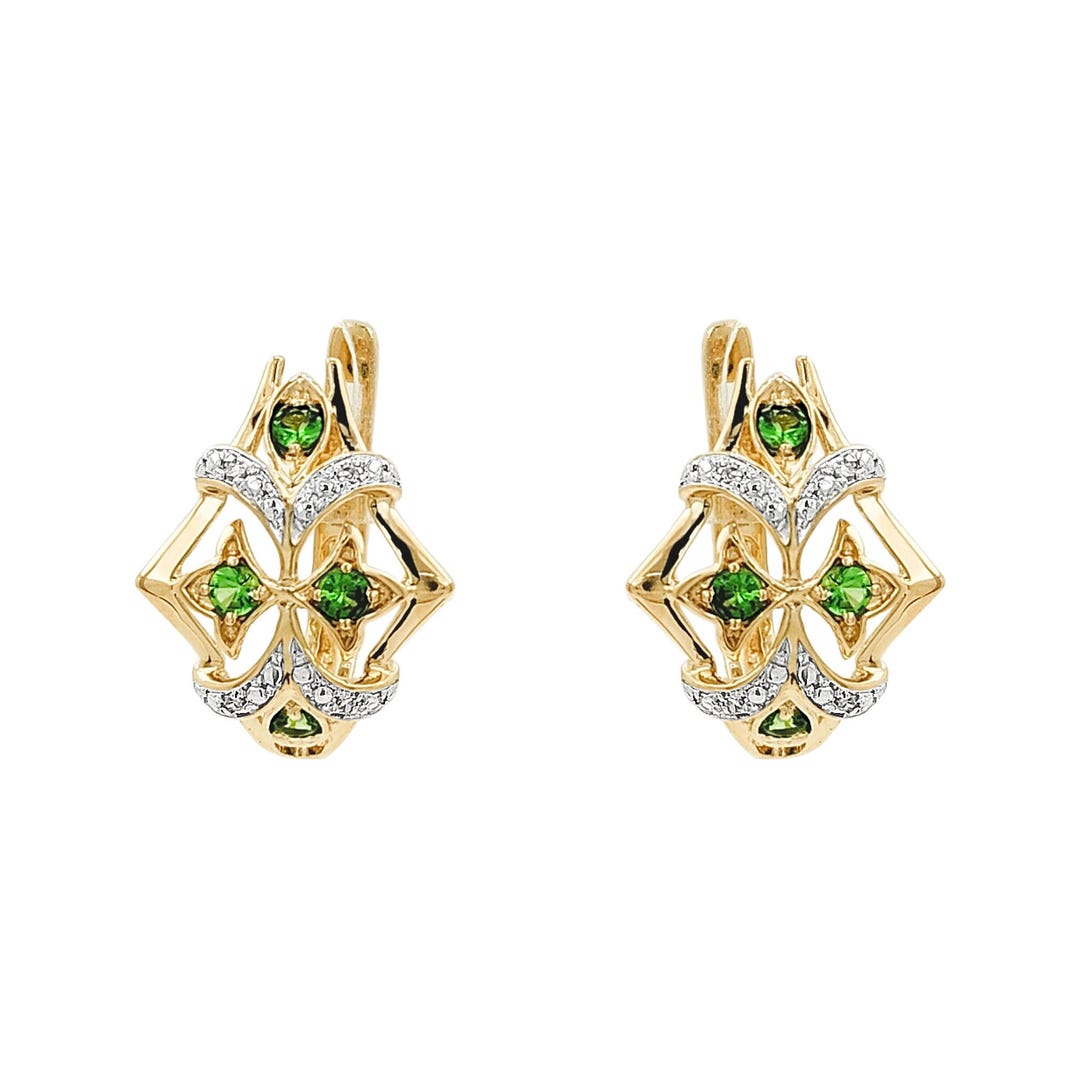 14K Gold Tsavorite & Light Brown Diamond Earrings, Art Deco Filigree ...