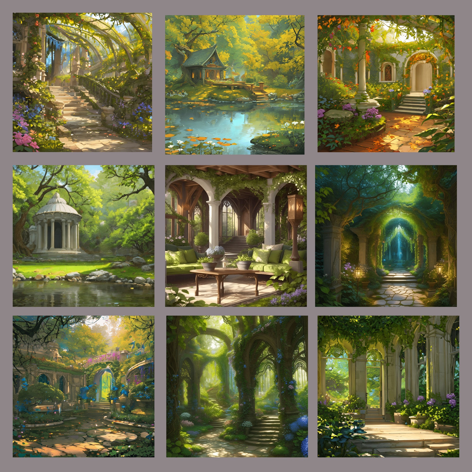 Tranquil Elven Sanctuaries and Gardens Fantasy Digital Prints- Set of ...