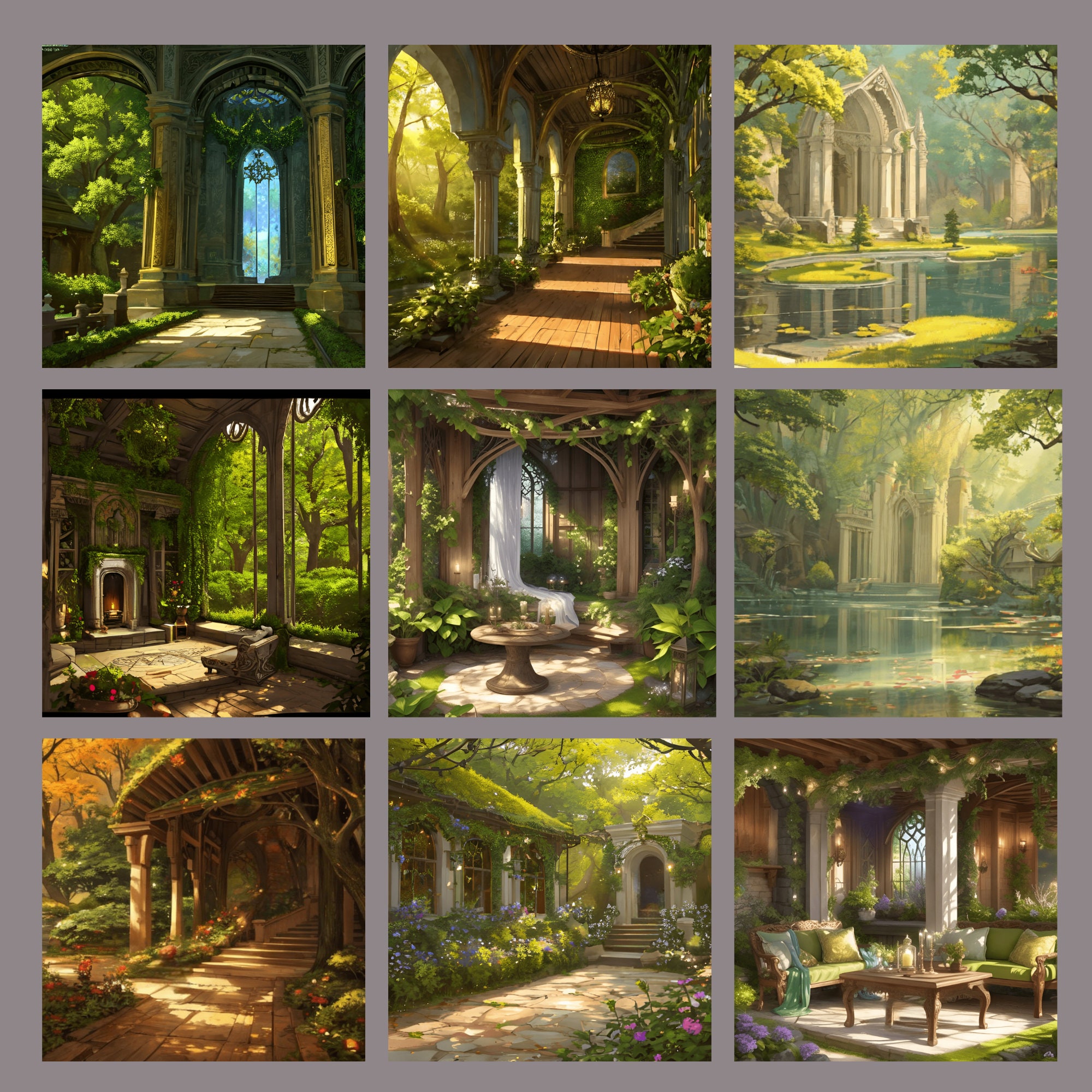 Tranquil Elven Sanctuaries and Gardens Fantasy Digital Prints- Set of ...