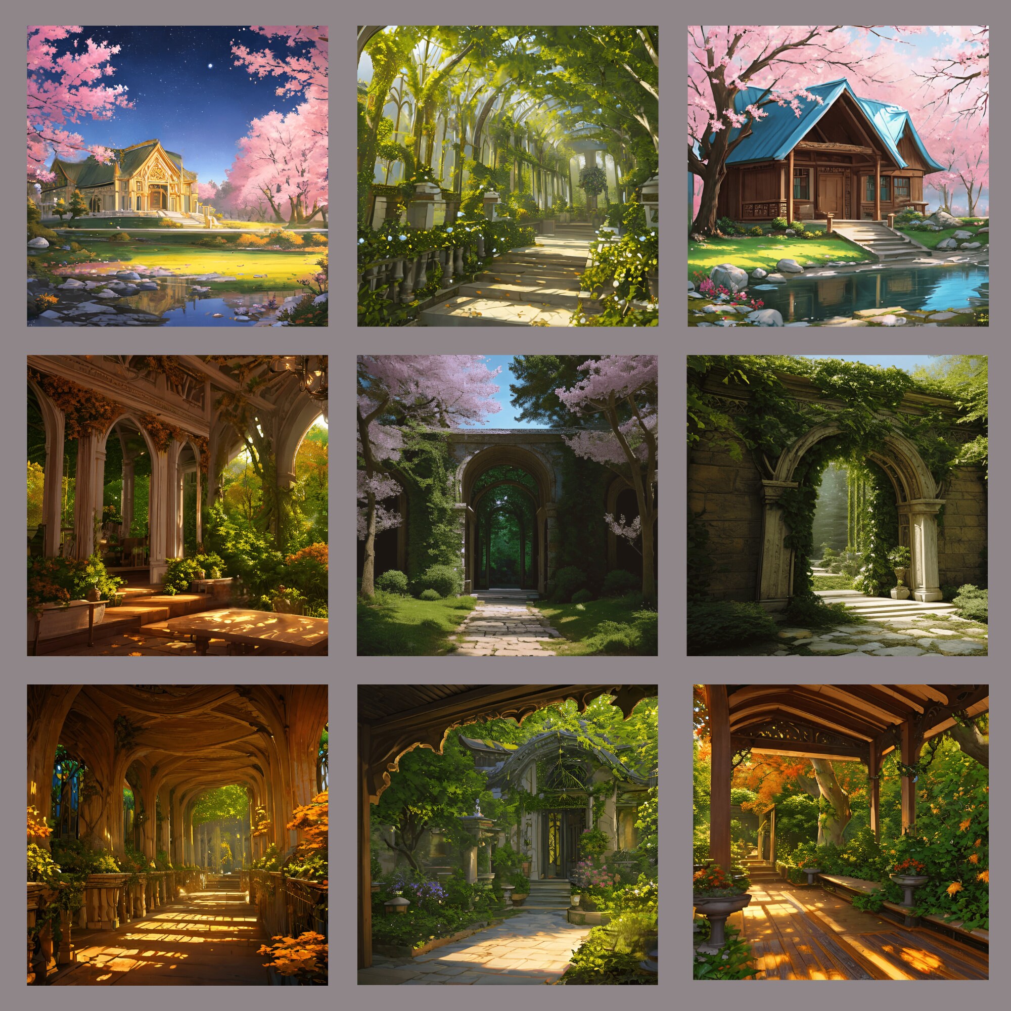 Tranquil Elven Sanctuaries and Gardens Fantasy Digital Prints- Set of ...