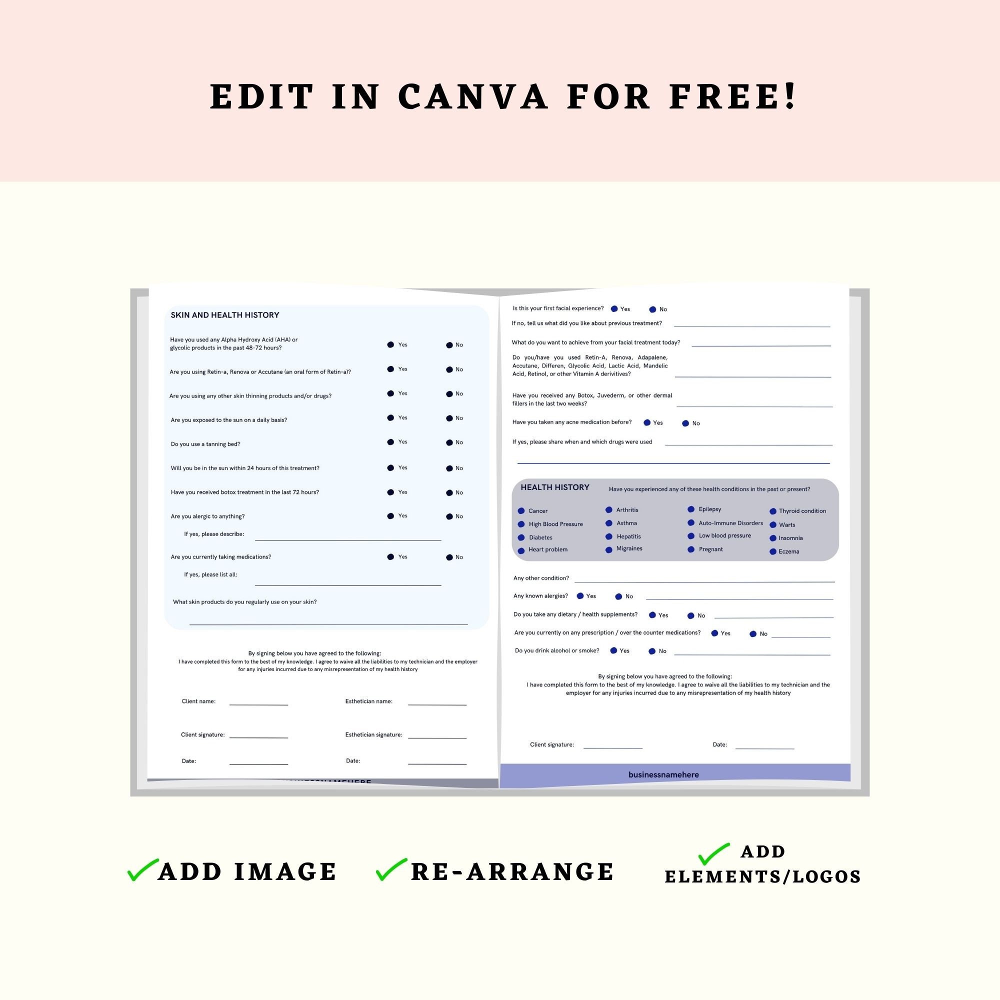 Editable Facial Consultation Form: Esthetician Client Intake (canva ...