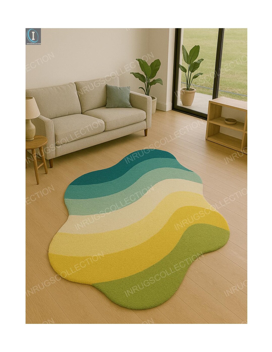 Modern Amoeba Shape Hand-tufted Wool Rug – Multicolor Green & Yellow ...
