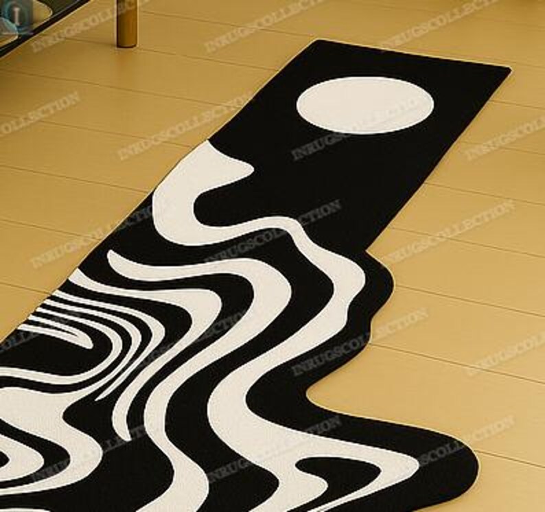 Black and White Wavy Runner Rug – Irregular Abstract Optical Illusion ...
