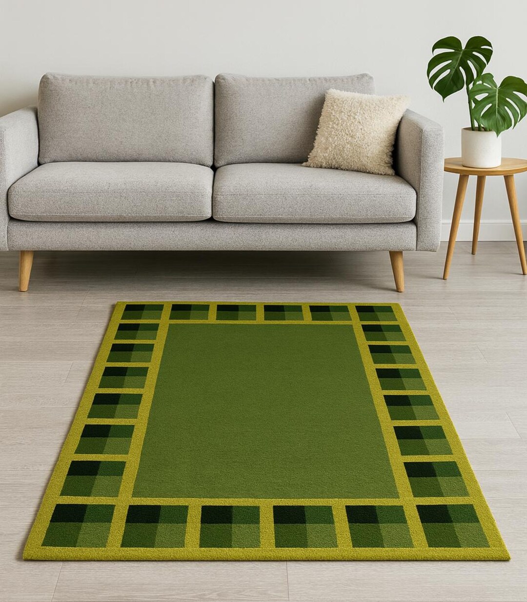 Modern Green Area Rug, Hand Tufted Wool, Geometric Checker Border ...