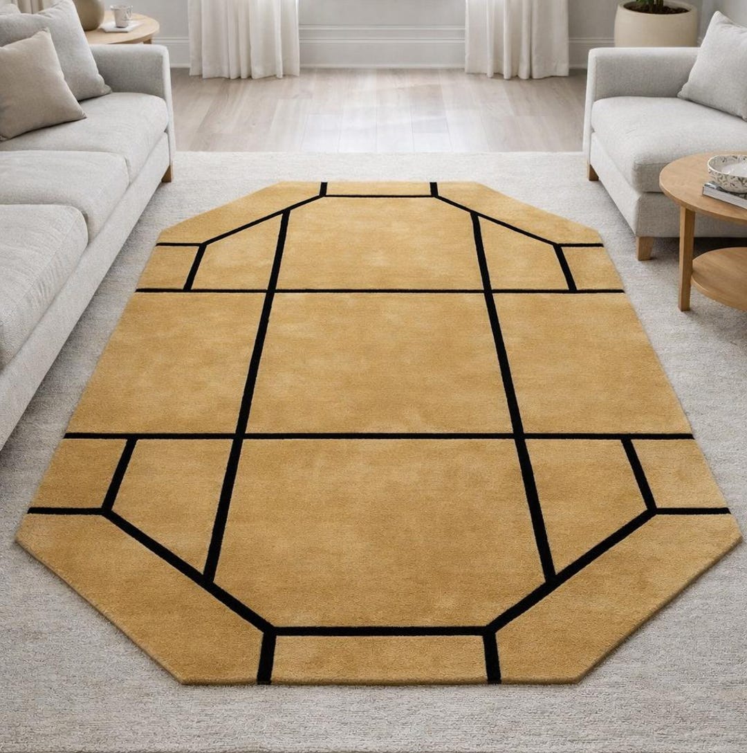 Modern Octagon Area Rug, Mustard Geometric Plush Carpet, Scandinavian ...