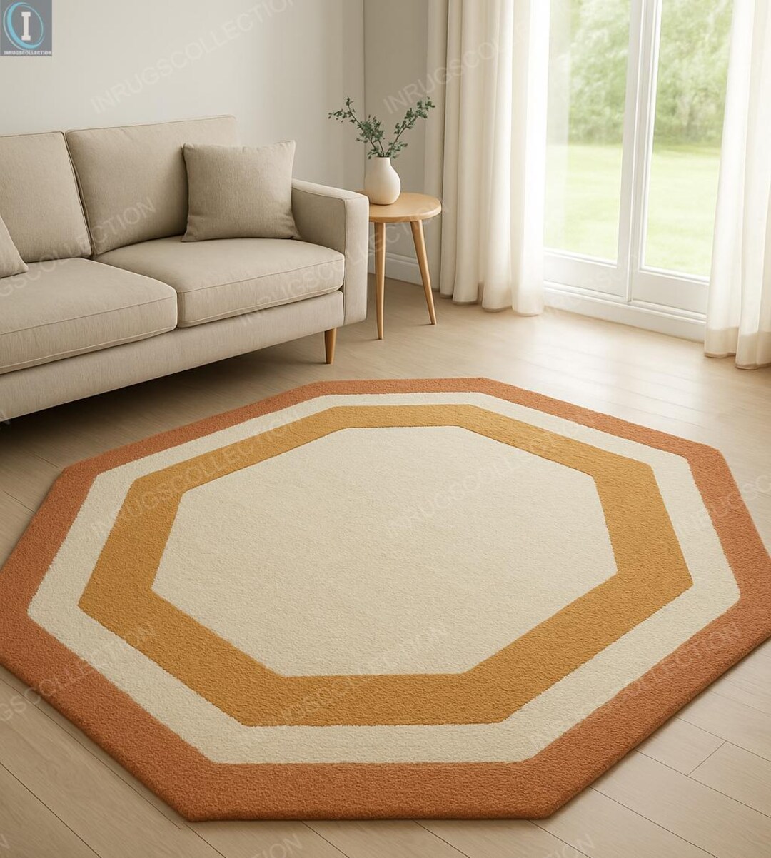Modern Geometric Octagon Shape Rugs – Orange, Mustard & Cream ...