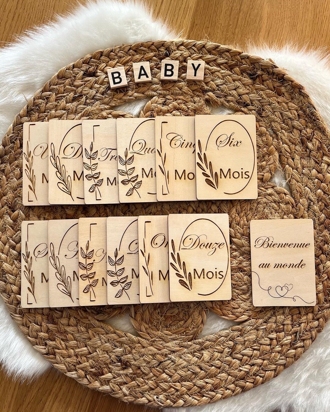 Wooden Baby Milestone Cards in French - 12 Moments From Birth to 1 Year ...