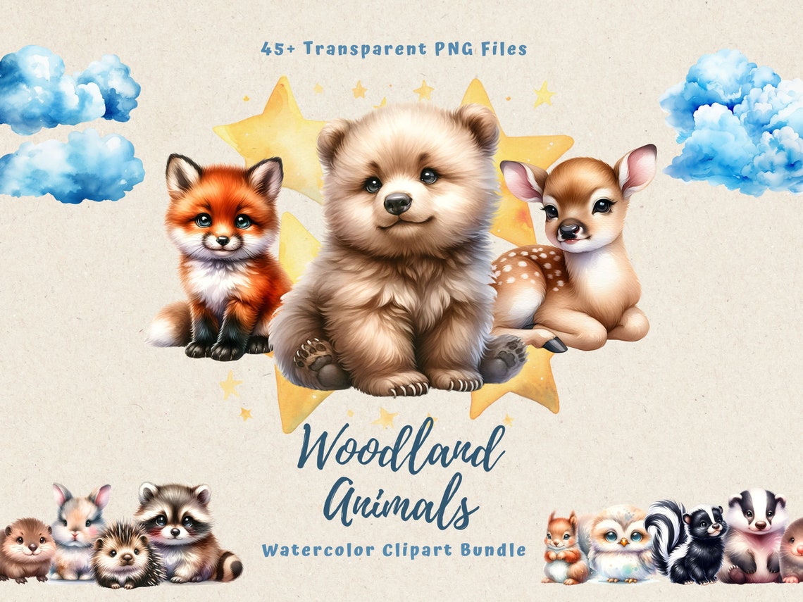 Woodland Animals, Babyshower Clipart Bundle, Watercolor Forest Animals ...