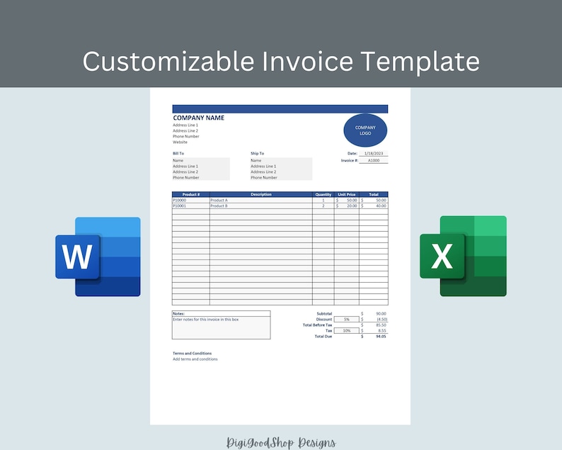Word and Excel Invoice Template Customizable - Etsy