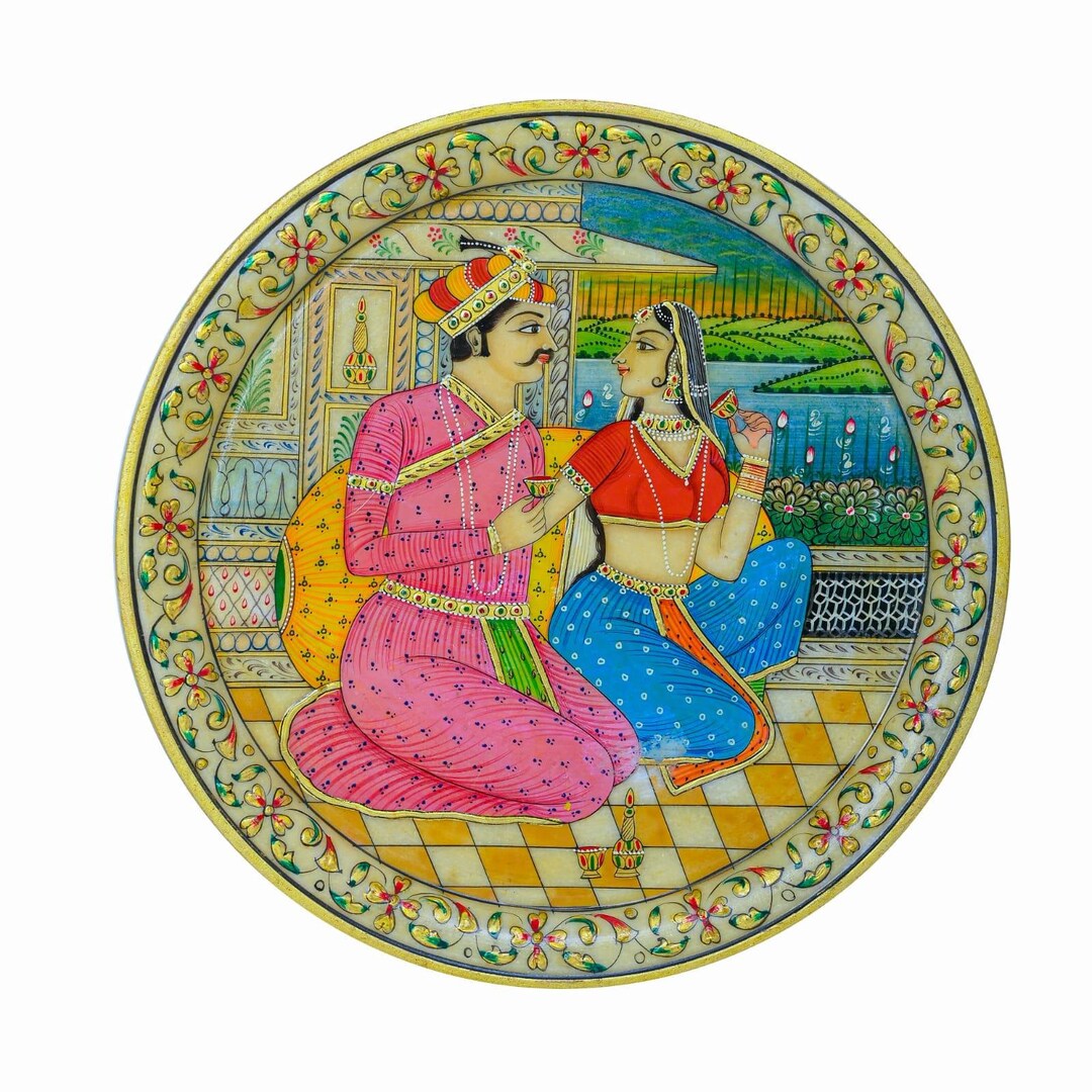 ARTS & CRAFTS Hand-painted Marble Tanjore Plate Fine Mughal Love Scene ...