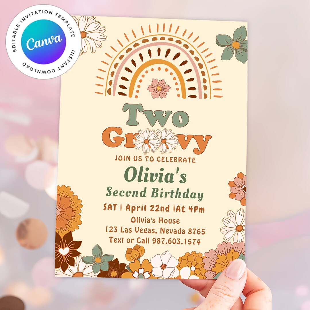 Editable TWO Groovy Birthday Invite Groovy Invitation Second - Etsy