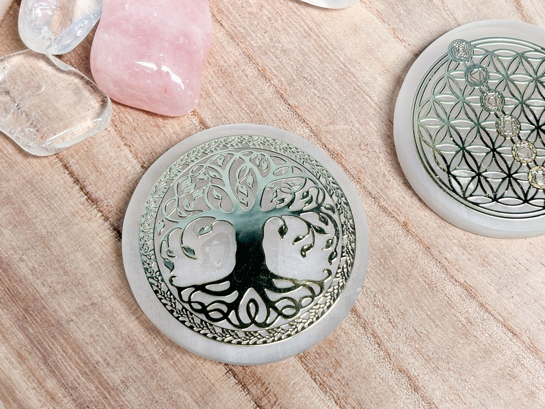 Selenite Plates 8 Cm - Tree of Life & Flower of Life | Charge Crystals ...