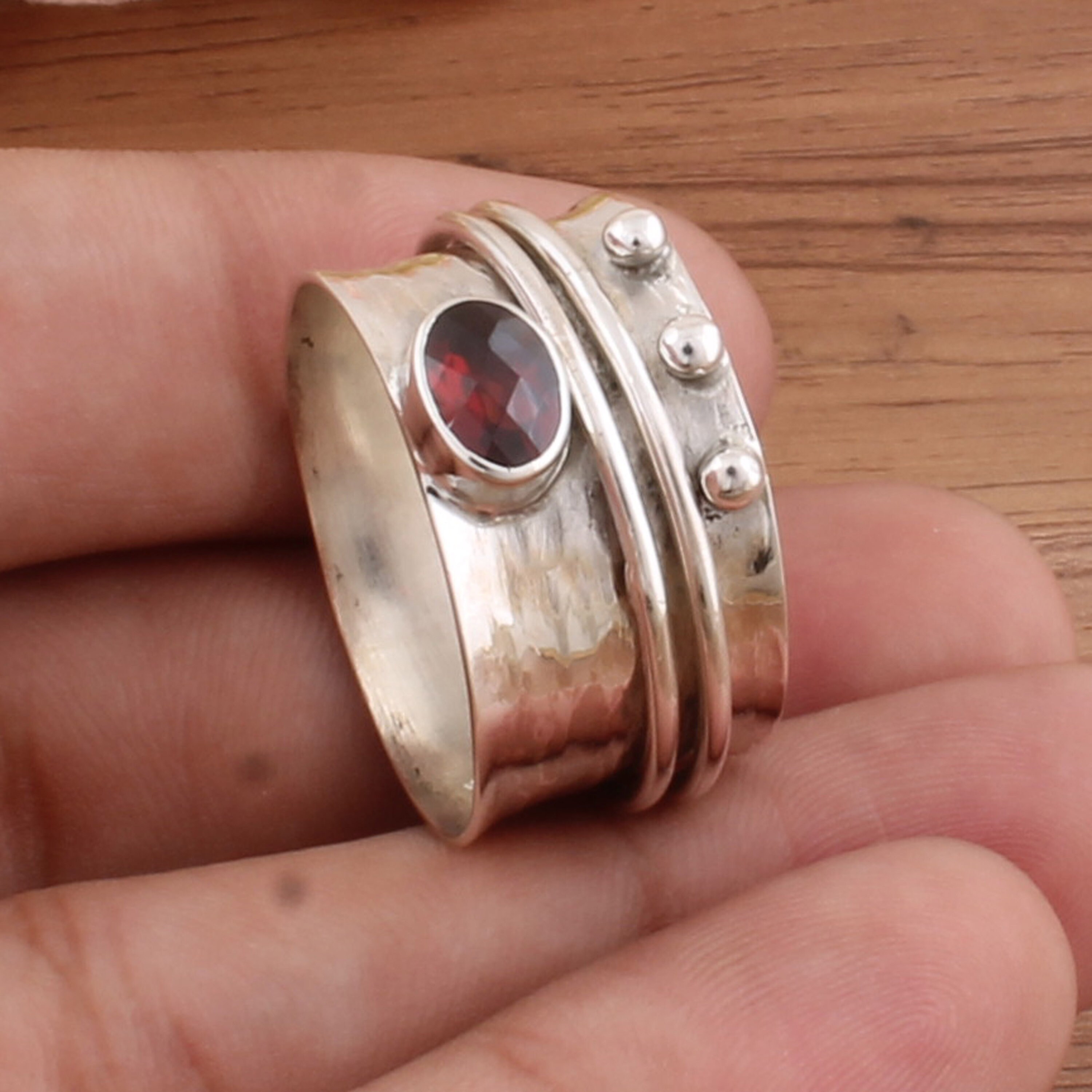 Garnet Hand Hammered Spinner Ring Gemstone Ring Fidget - Etsy