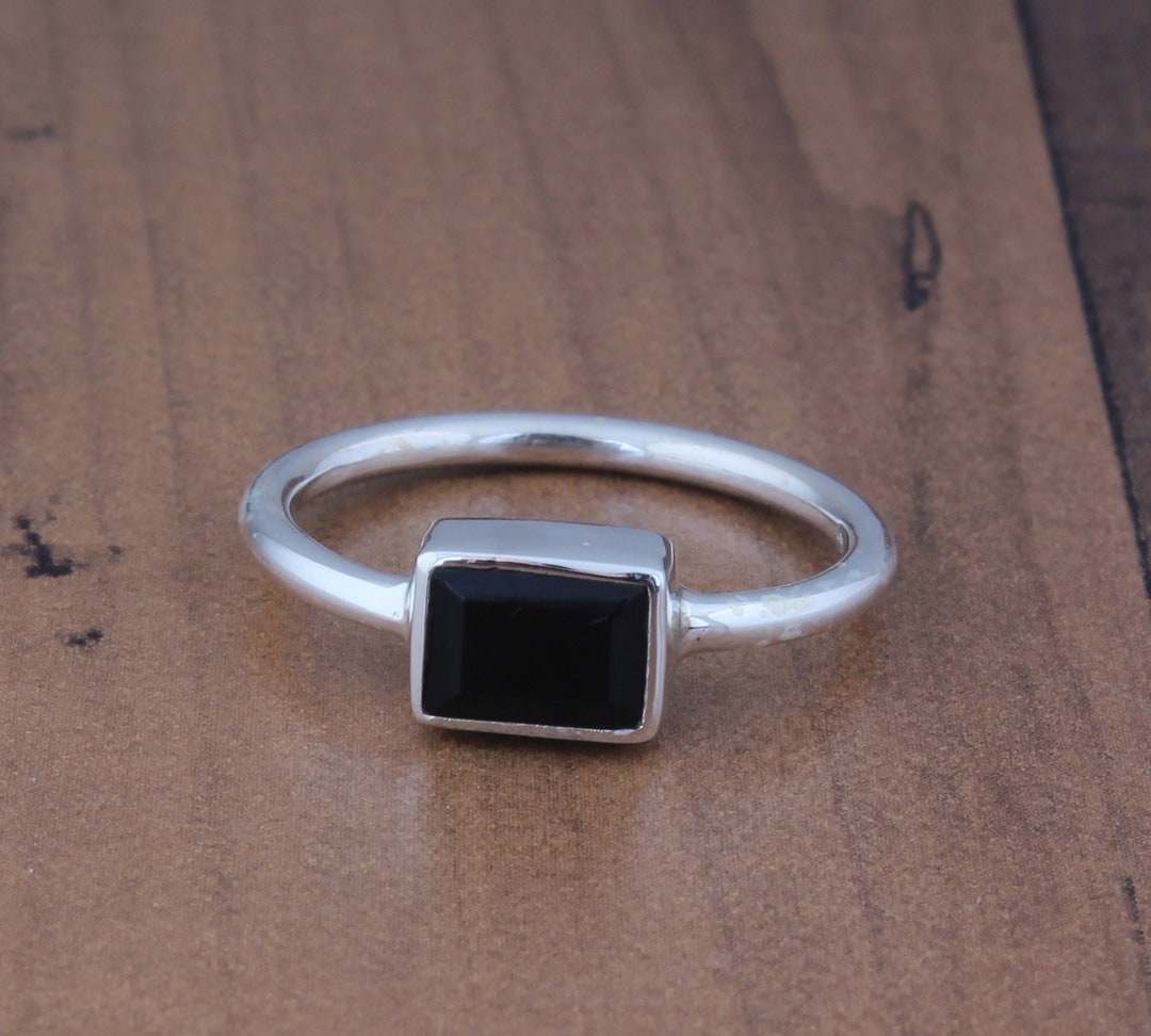 Black Onyx Gemstone Ring for Women, Baguette Stone Sterling Silver Ring ...
