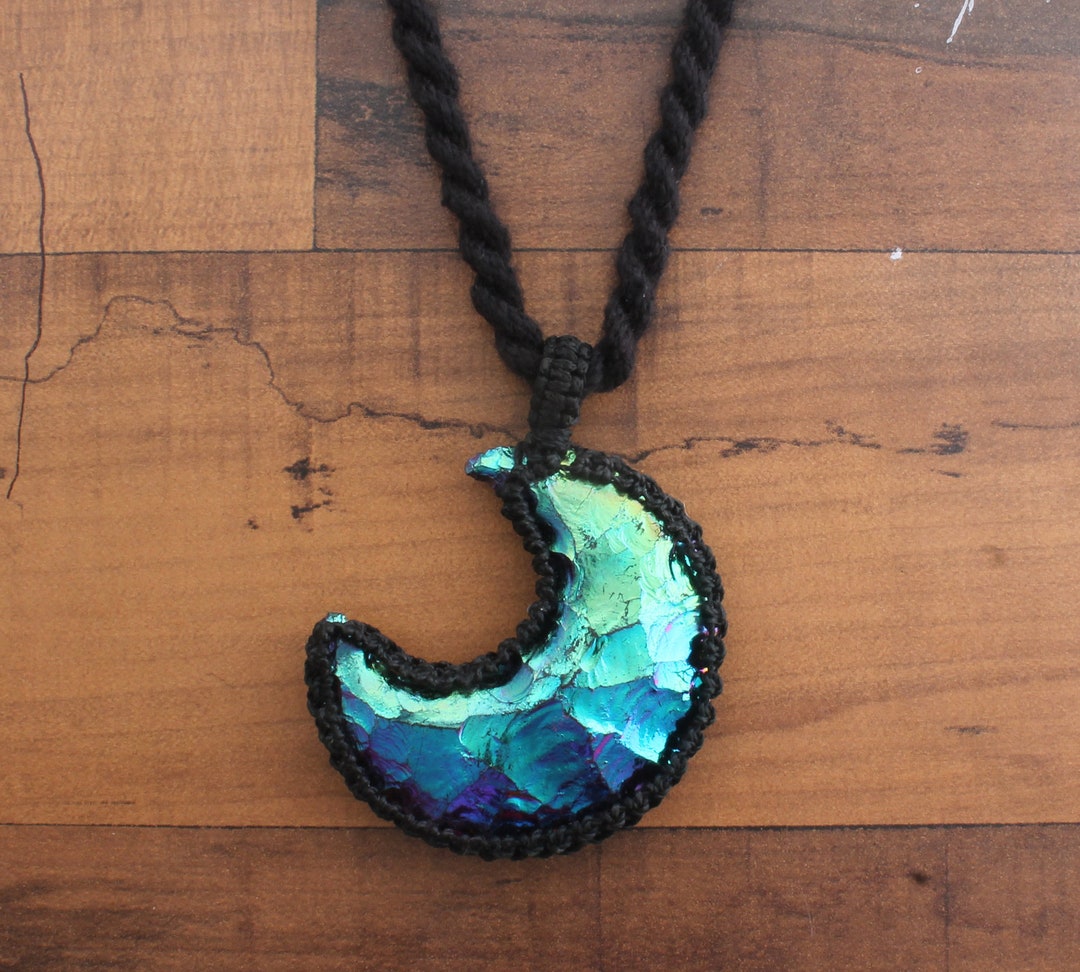 Large Dichroic Glass Moon Macrame Necklace, Crescent Moon Shape Stone ...