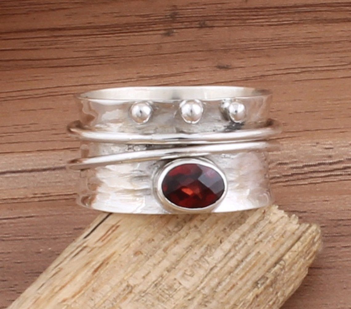 Garnet Hand Hammered Spinner Ring Gemstone Ring Fidget - Etsy