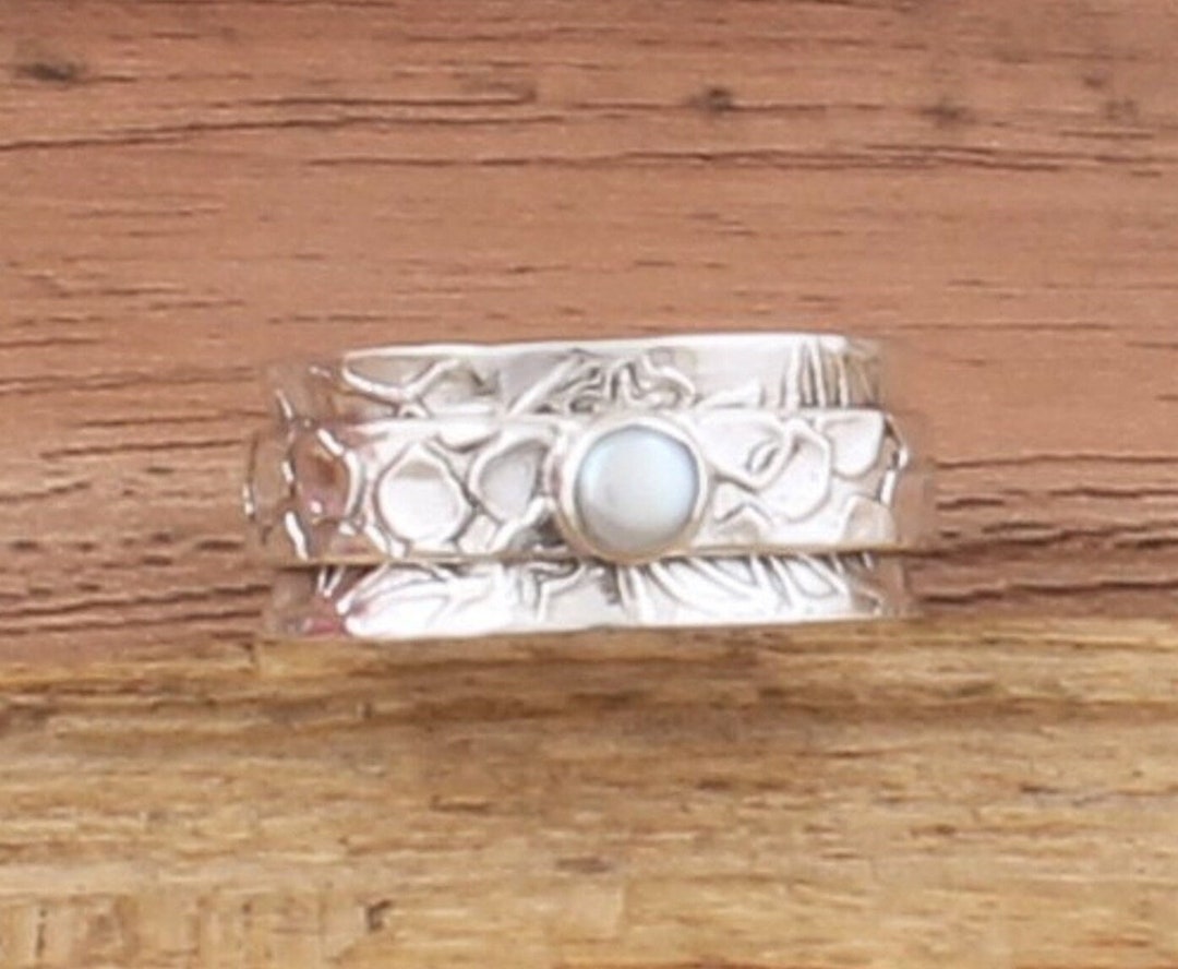 Pearl Gemstone Ring, Fidget Anxiety Spinner Ring, Engraved Band Ring ...