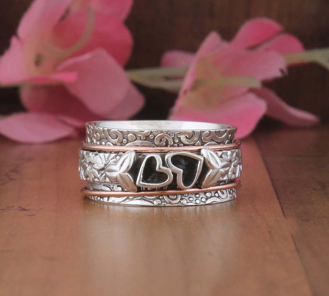 Heart Spinner Rings 925 Solid Silver Spinner Ring Two Tone Spinner Ring ...