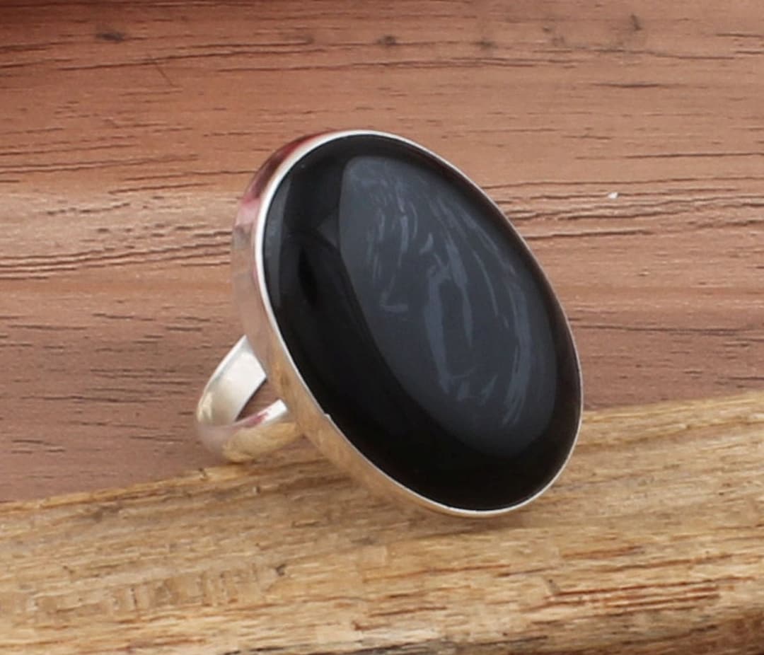 Black Onyx Gemstone Ring for Women, Big Oval Stone Sterling Silver Ring, Boho Ring, Genuine ...