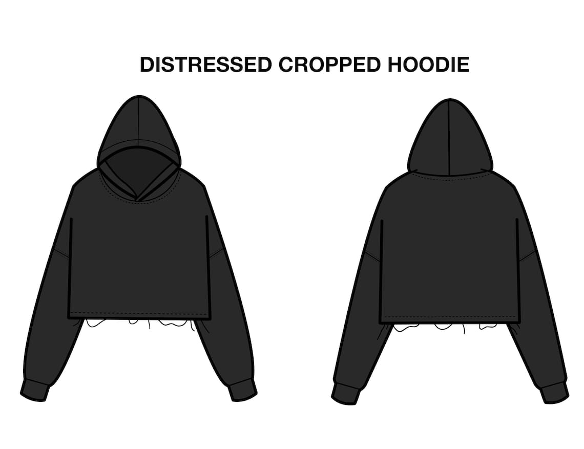 Distressed Cropped Hoodie Flat Technical Drawing Illustration Blank ...