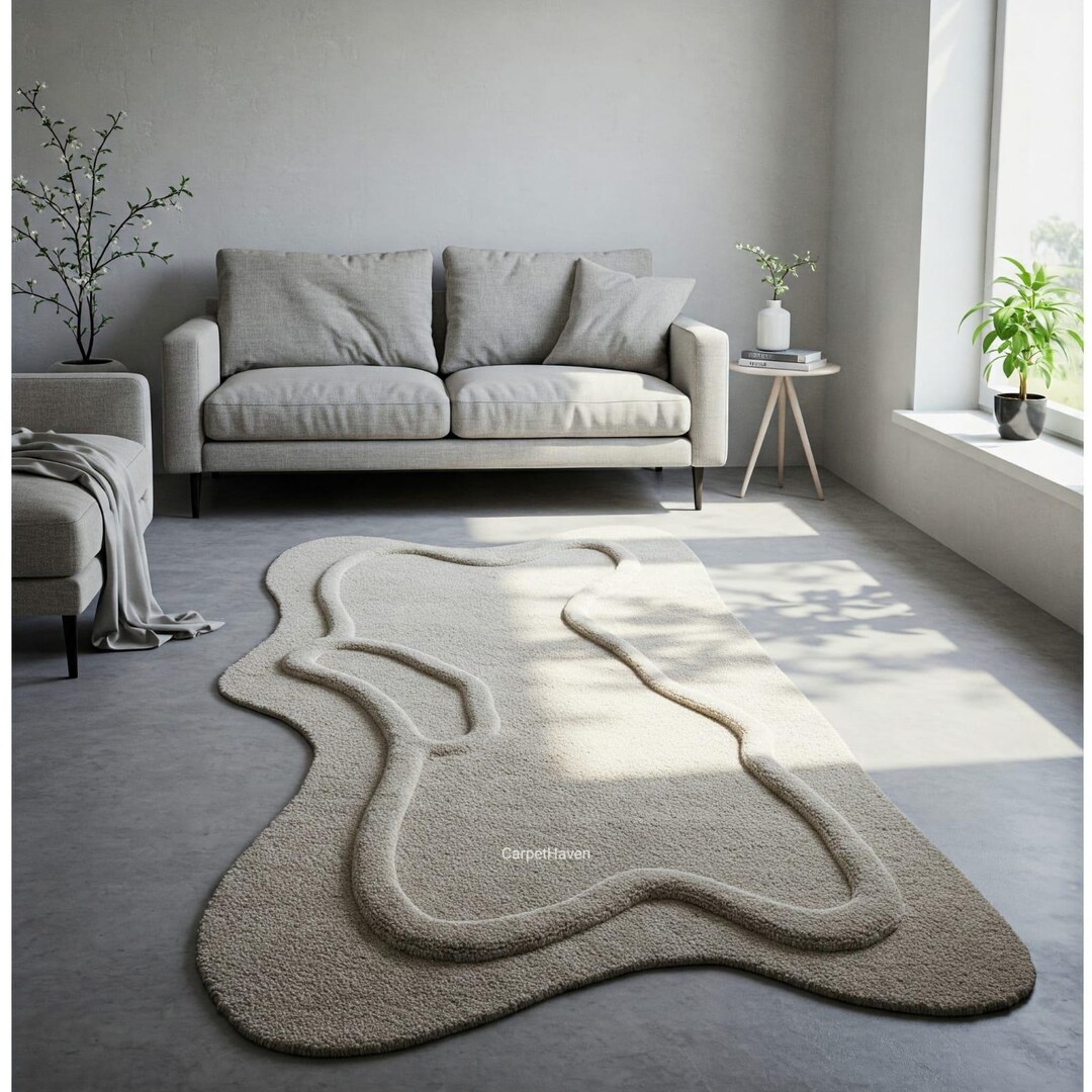 Off-white Amoeba Shape Hand Tufted Wool Area Rugs, 8x10 Irregular Rugs ...