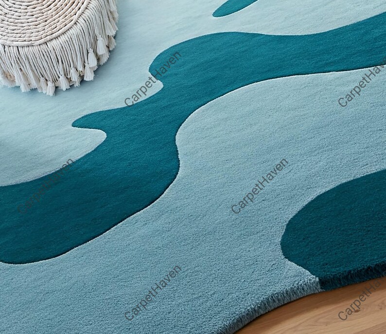 Soft Blue Teal Irregular Amoeba Shape Hand Tufted Abstract Wool Living ...