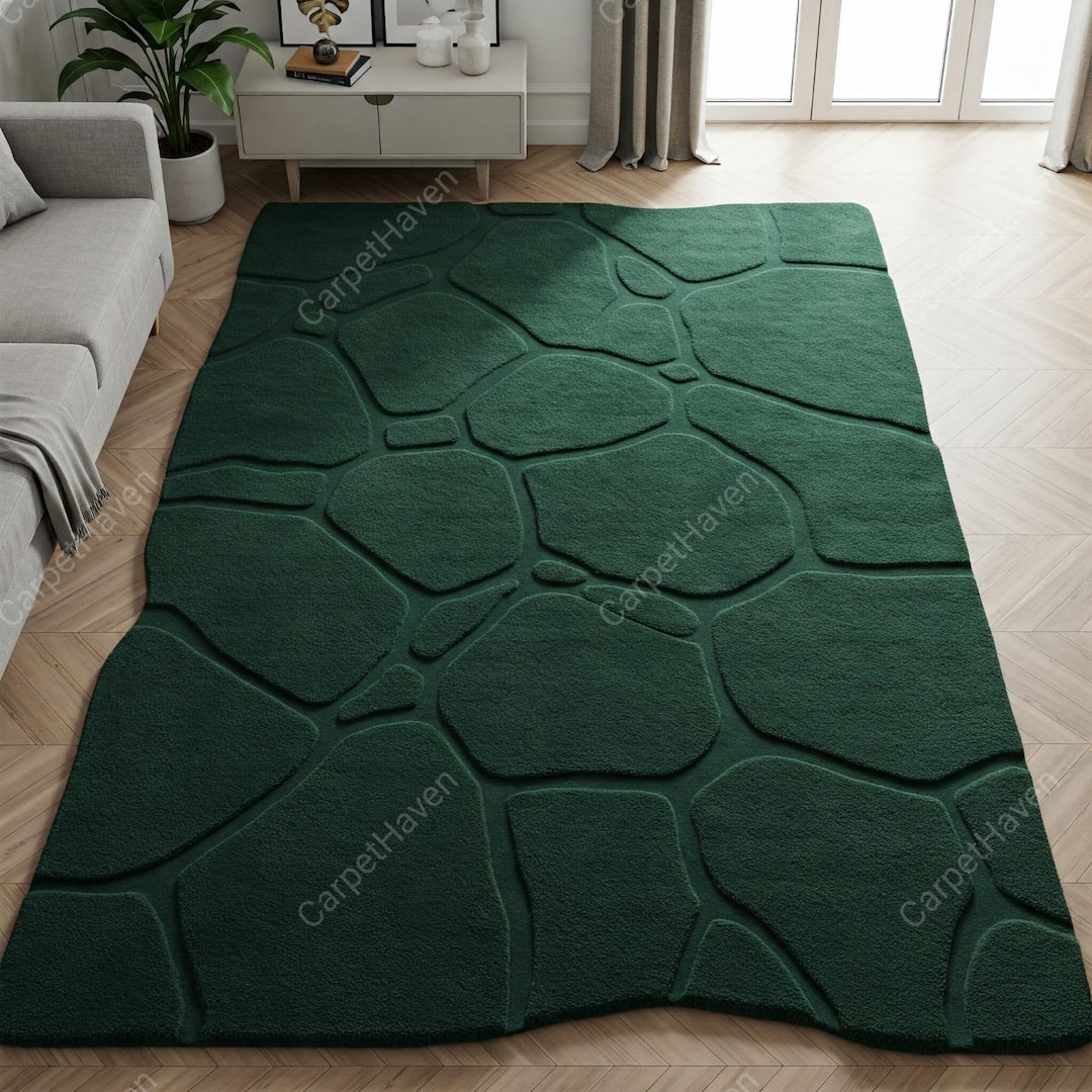 Forest Green Abstract Hand Tufted Cobble Stone Design Textured Home ...