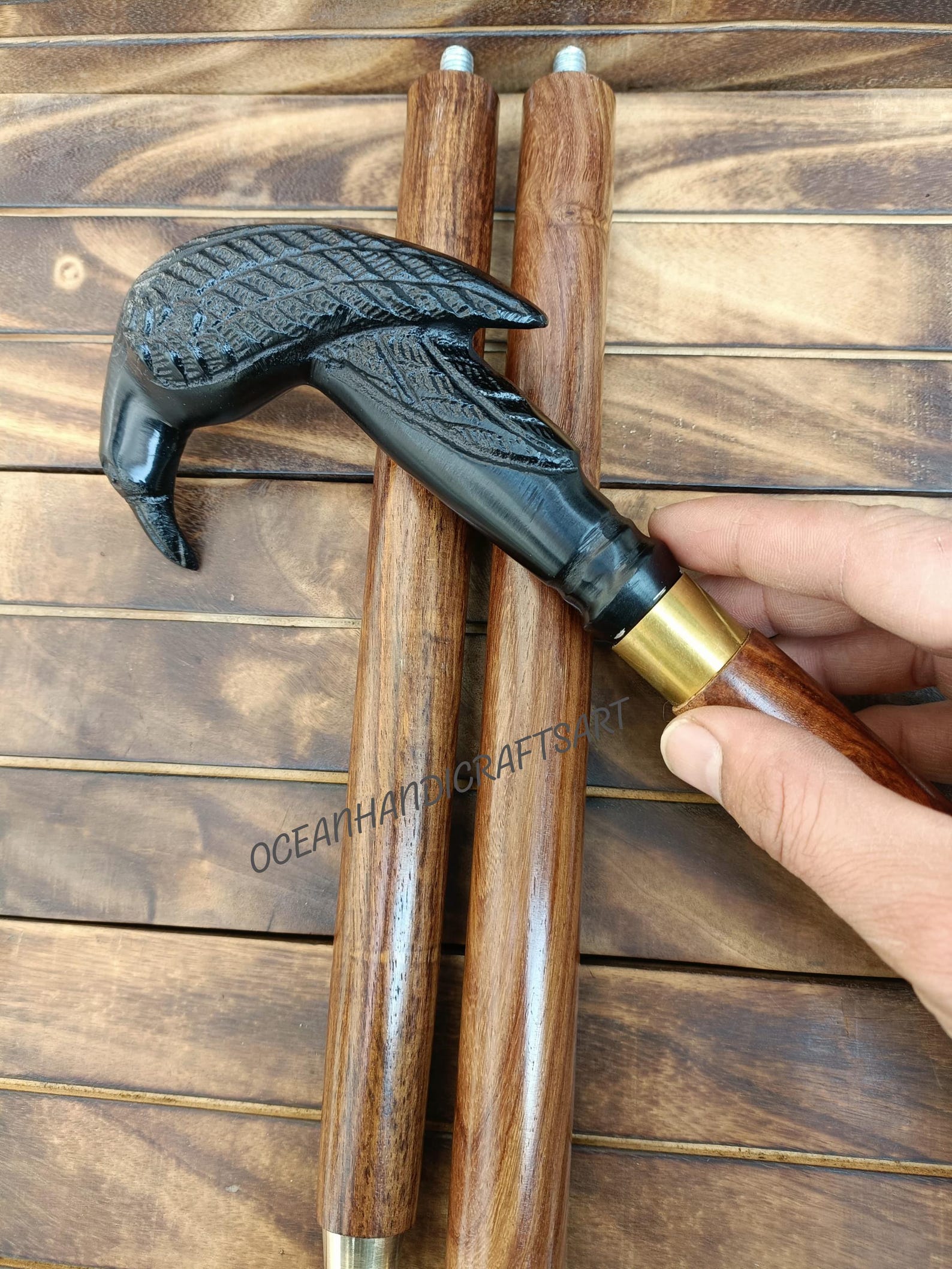 Wooden Walking Cane - Brass Raven Handle Walking Canes for Dad Gift ...