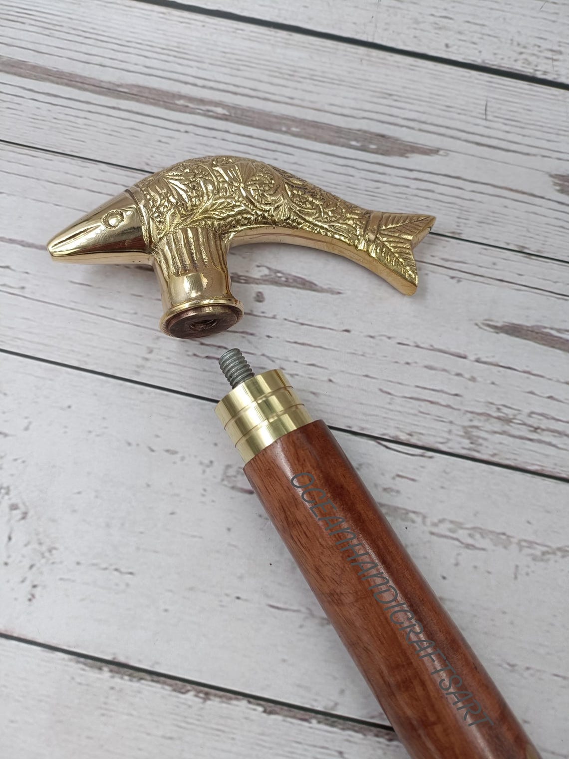 Fish Look Brass Handle Walking Cane - Handmade Wooden Cane for Men ...