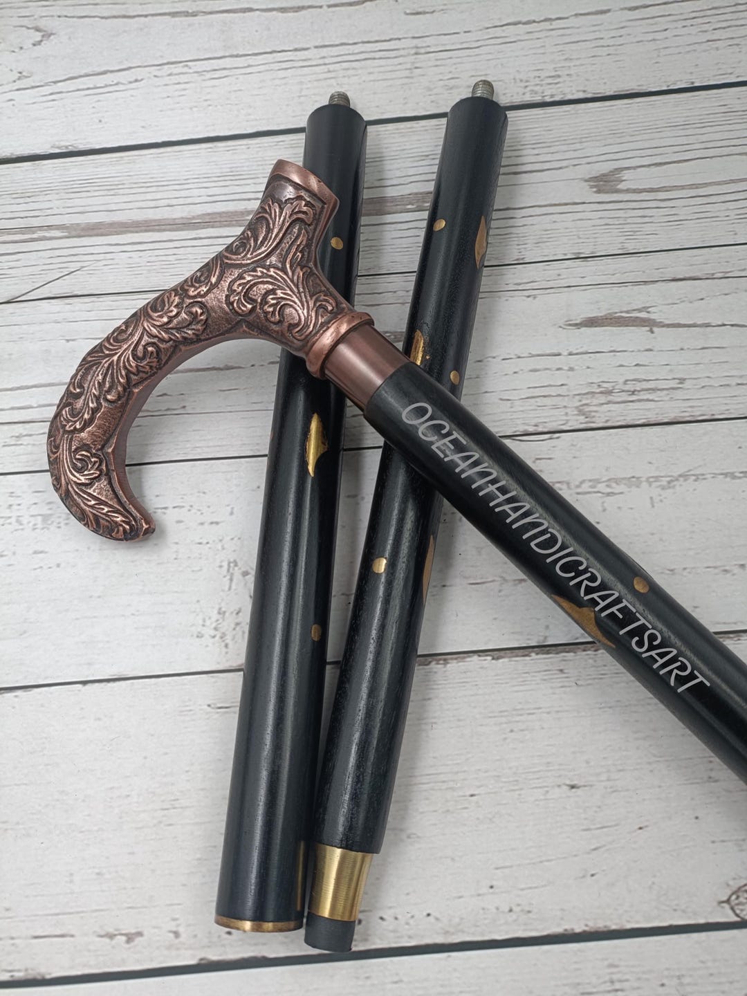 Wooden Walking Cane, Brass Handle Walking Cane, Victorian Brass Walking ...