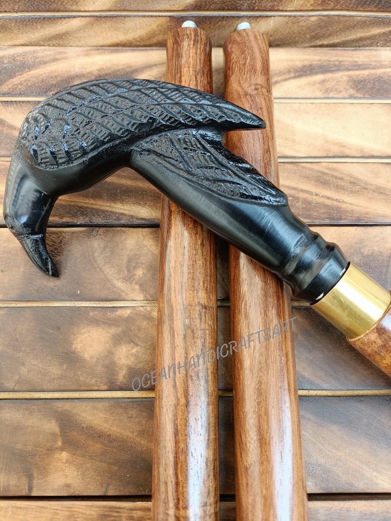 Wooden Walking Cane - Brass Raven Handle Walking Canes for Dad Gift ...