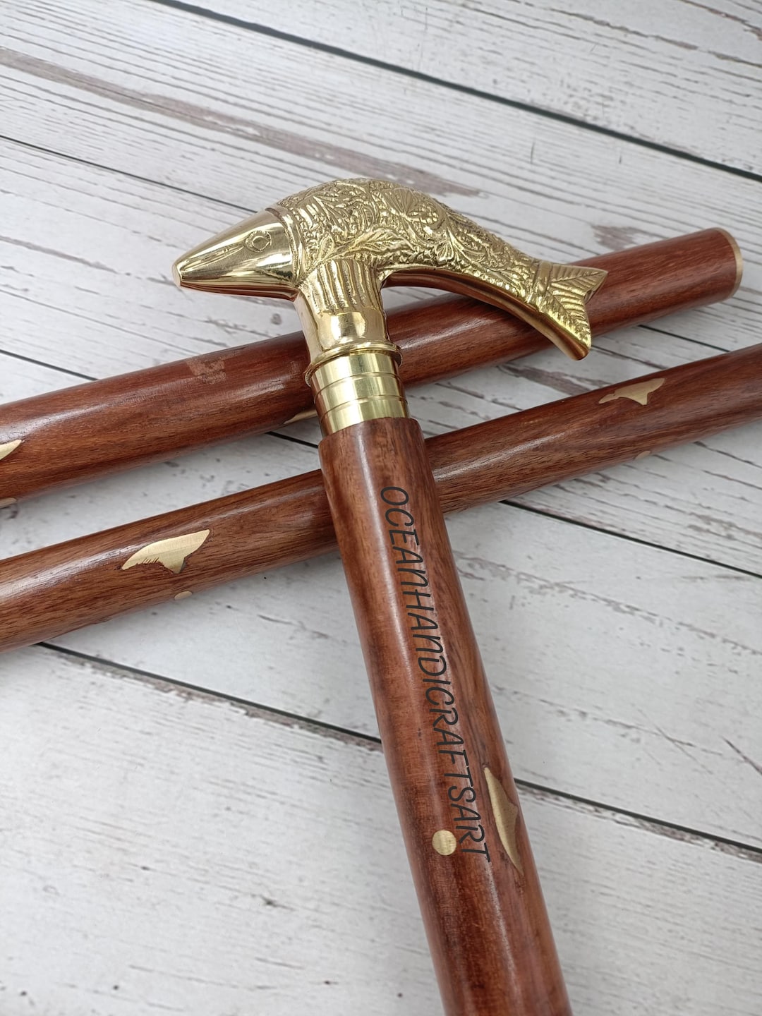 Brass Fish Handle Walking Cane – Handmade Wooden Walking Stick - Etsy