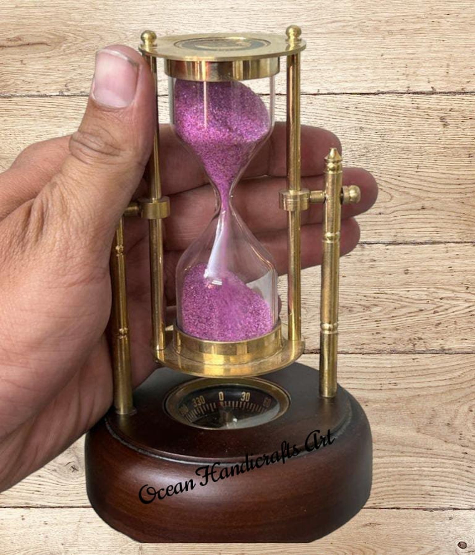 Wooden Hourglass Brass Sand Timer Compass Rotating Hourglass Best Gift ...
