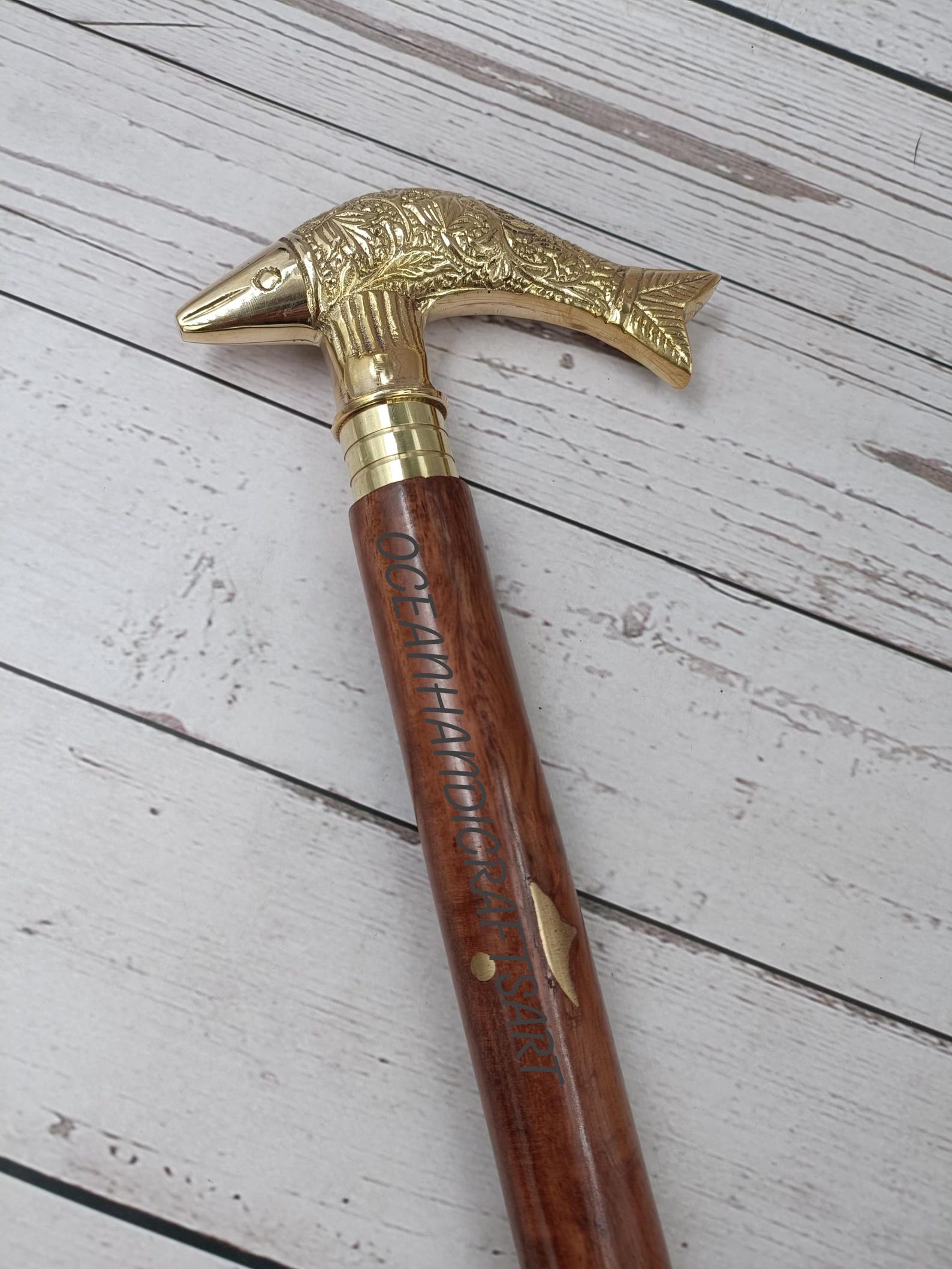 Fish Look Brass Handle Walking Cane - Handmade Wooden Cane for Men ...