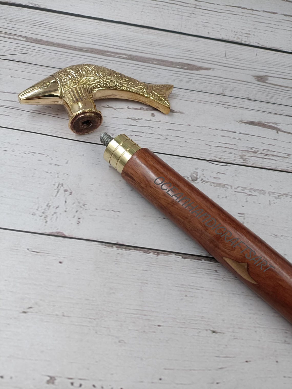 Fish Look Brass Handle Walking Cane - Handmade Wooden Cane for Men ...