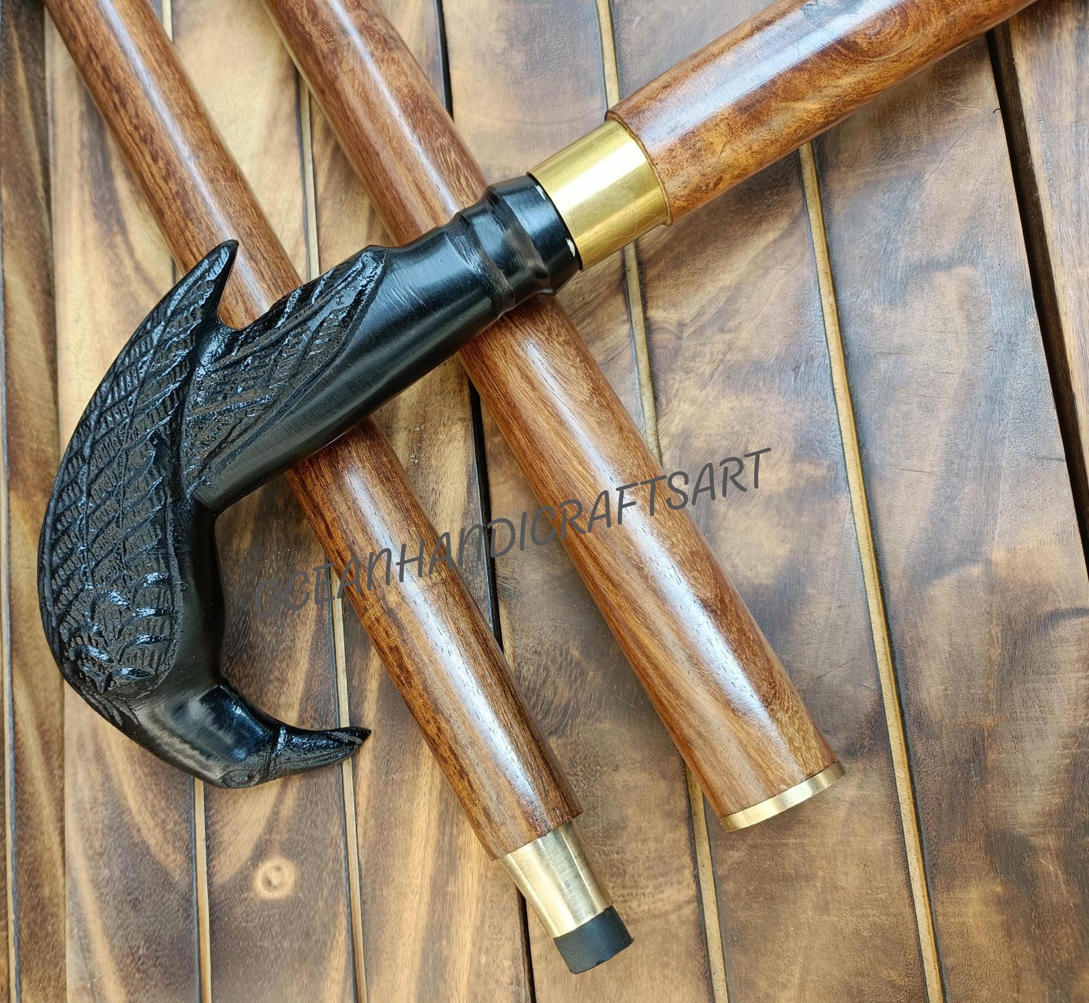 Wooden Walking Cane - Brass Raven Handle Walking Canes for Dad Gift ...
