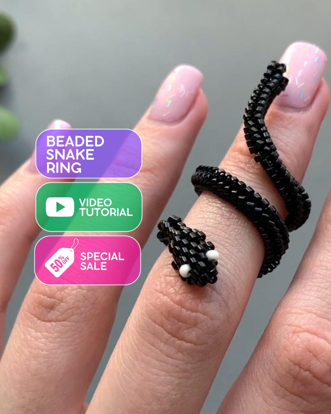 Beaded Snake Ring Video Tutorial: DIY Beadwork Pattern (digital ...
